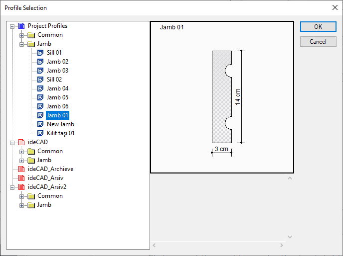 Selecting Jamb Profile from Profile Archive