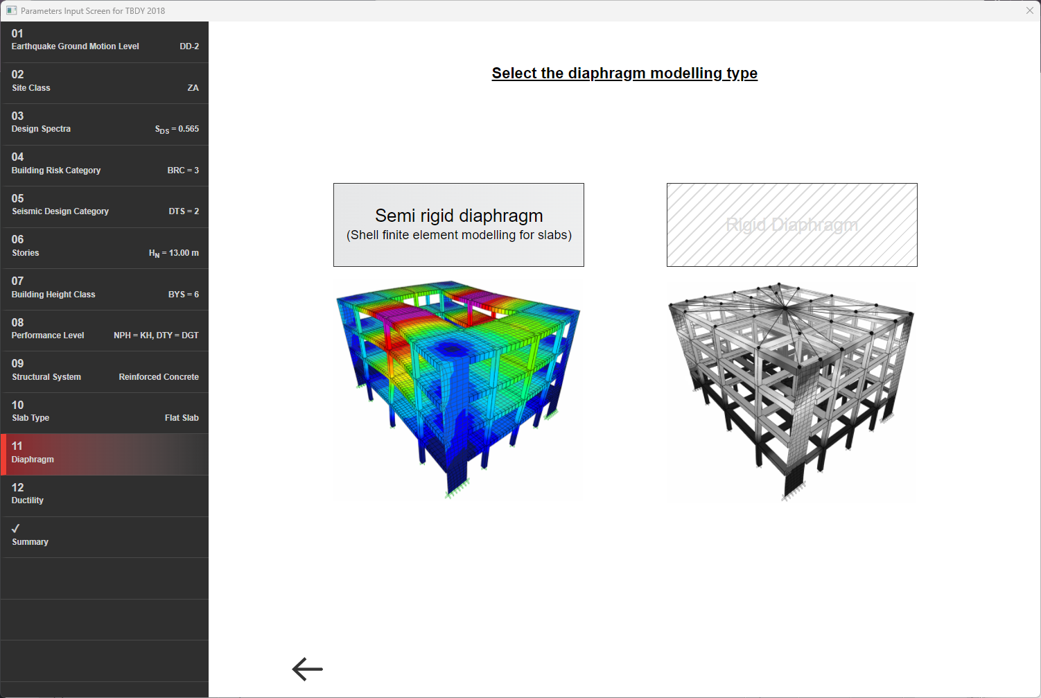 Beamless floor systems should be analyzed with a semi-rigid diaphragm.