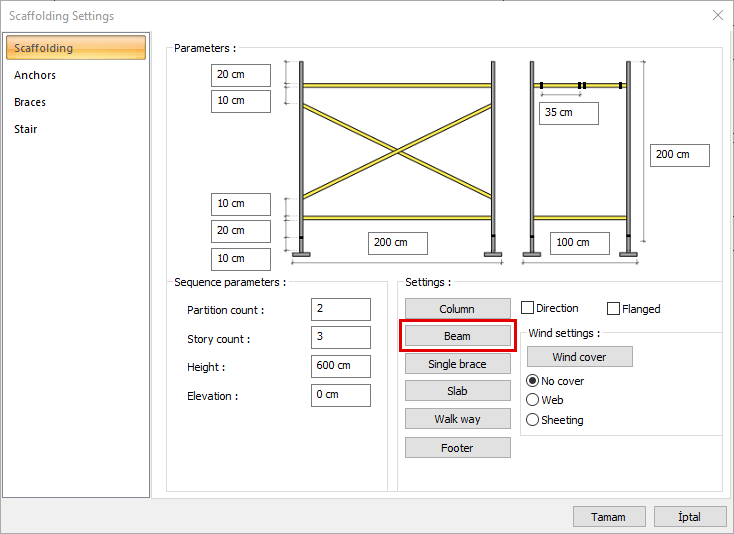 Scaffolding Beam Settings