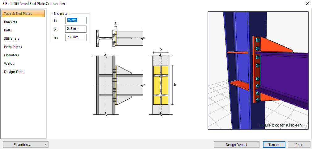 Design of 8 Bolts Stiffened End Plate Connection