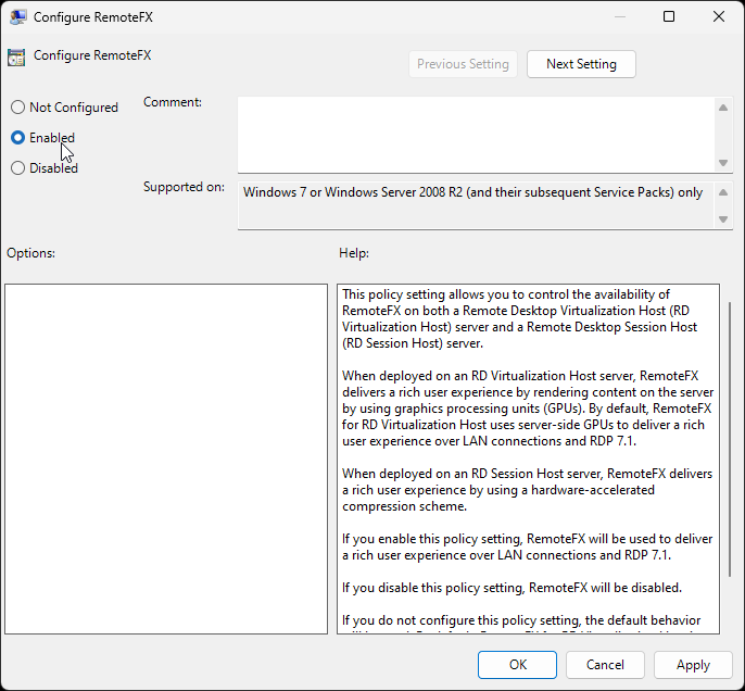 Graphics card acceleration settings on remote desktop