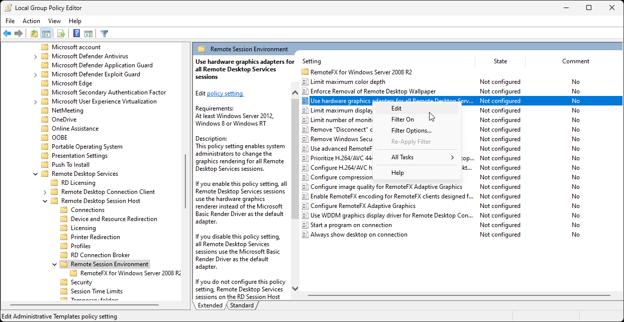 Graphics card acceleration settings on remote desktop