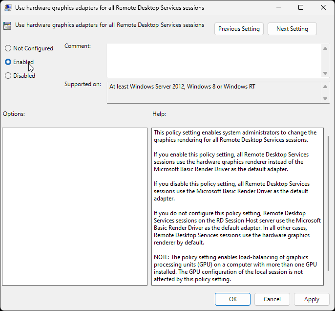 Graphics card acceleration settings on remote desktop